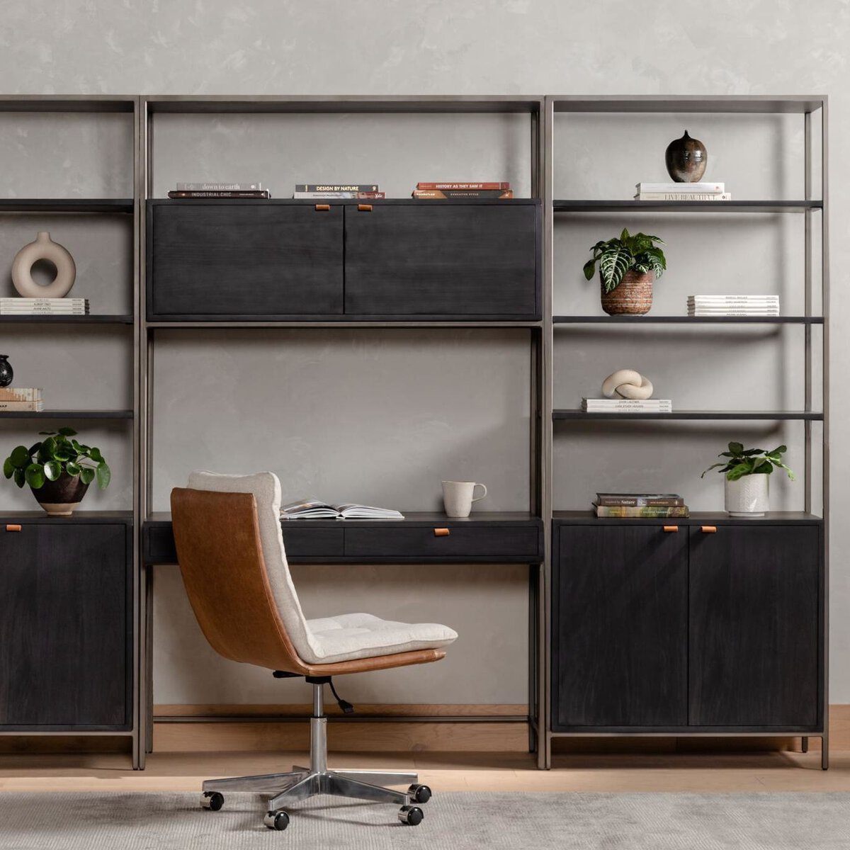 Trey Modular Wall Desk With 2 Bookcases Black Wash Poplar Four Hands