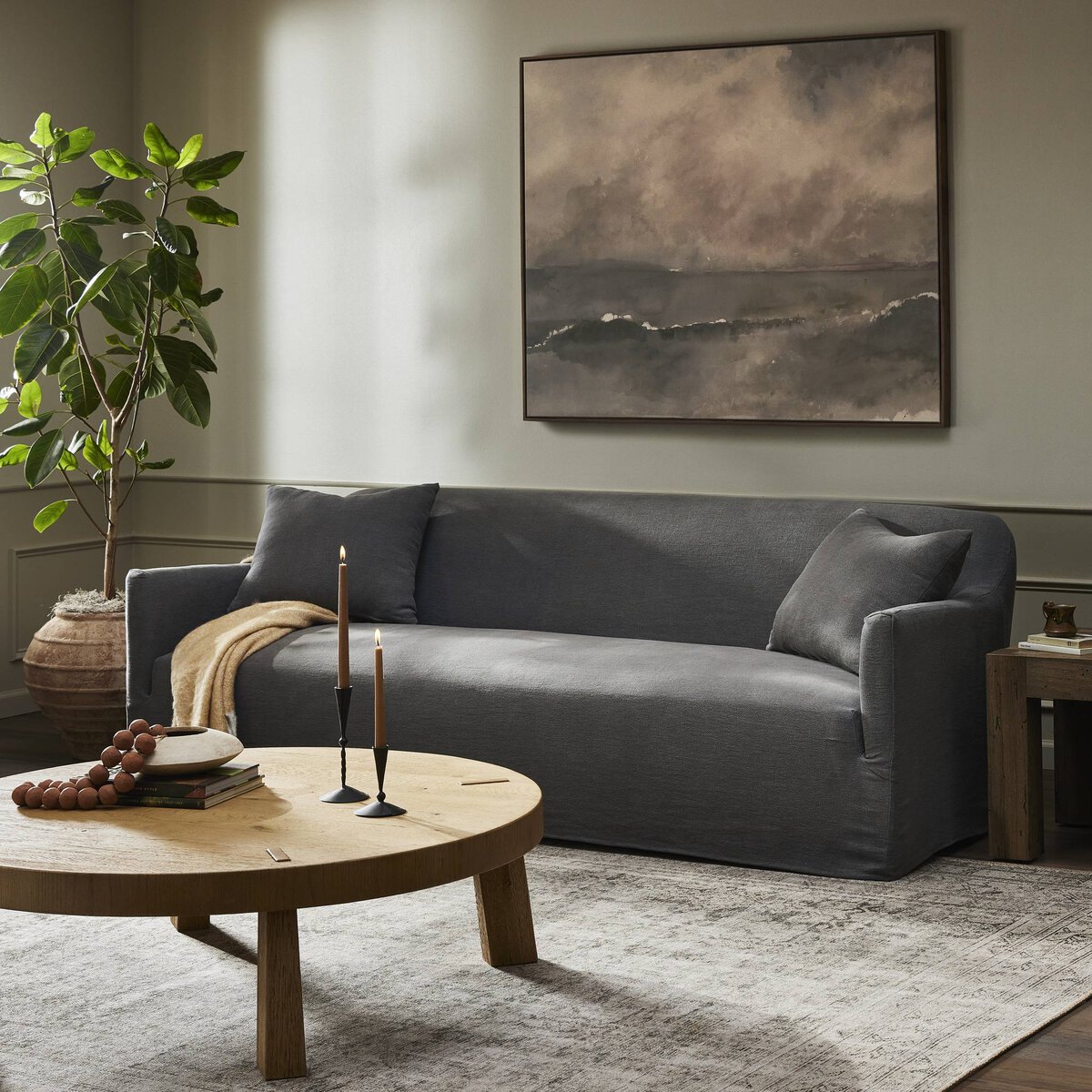 Gray slipcovered sofa store